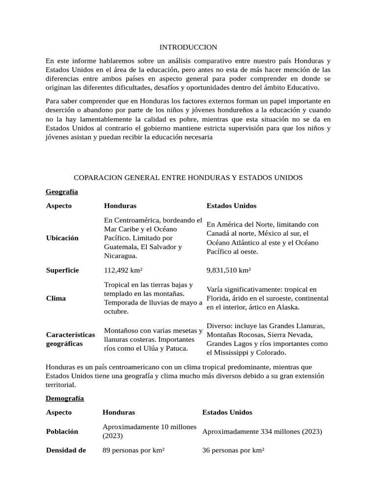 Comparación de La Educación en Honduras y Estados Unidos | PDF ...