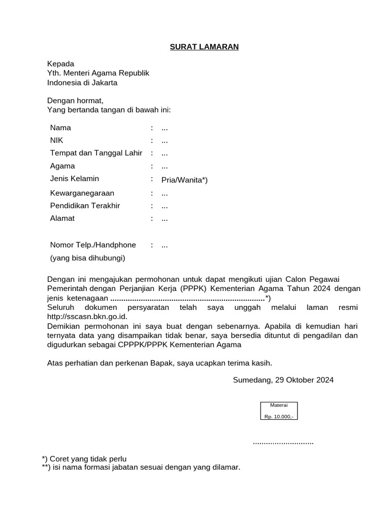 Surat Lamaran PPPK Kementerian Agama 2024 | PDF