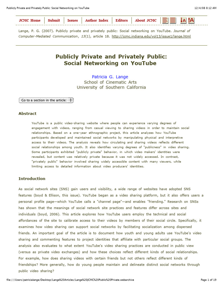 Lange JCMC Public Private | PDF | You Tube | Social Network