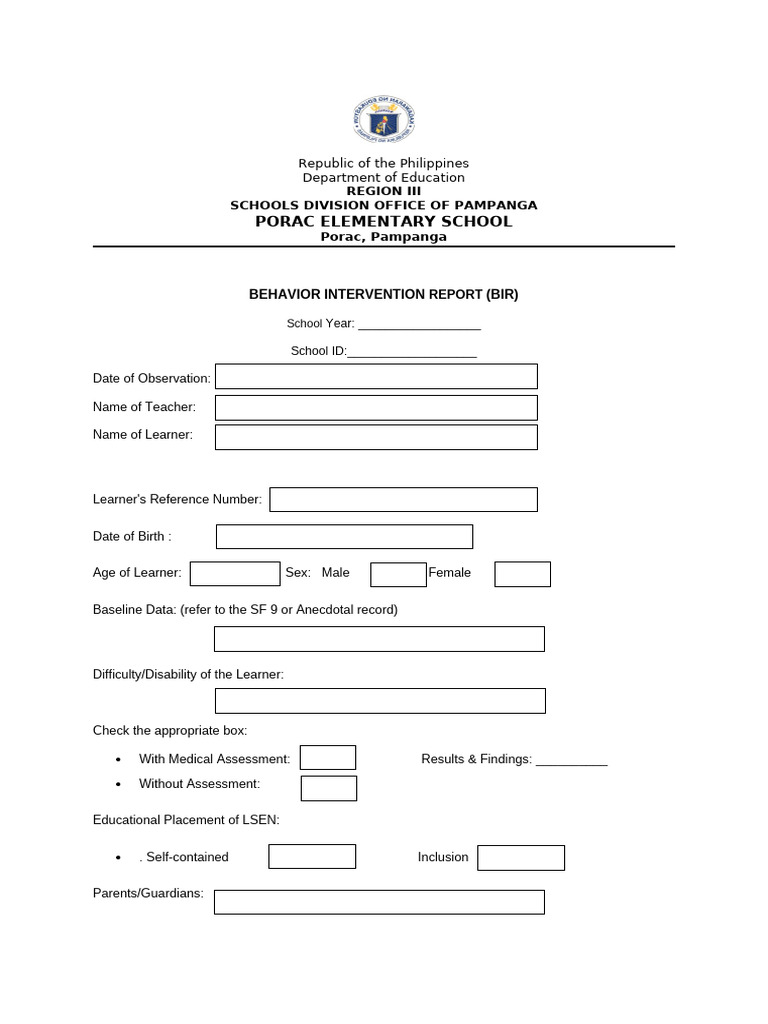 Annex-3 - Behavior Intervention Report (BIR) | PDF | Career & Growth ...