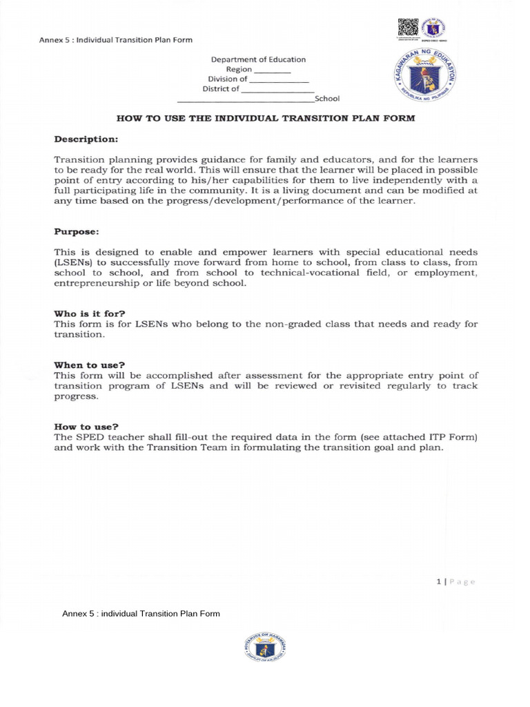 Individual Transition Plan Form | PDF | Behavior Modification | Learning