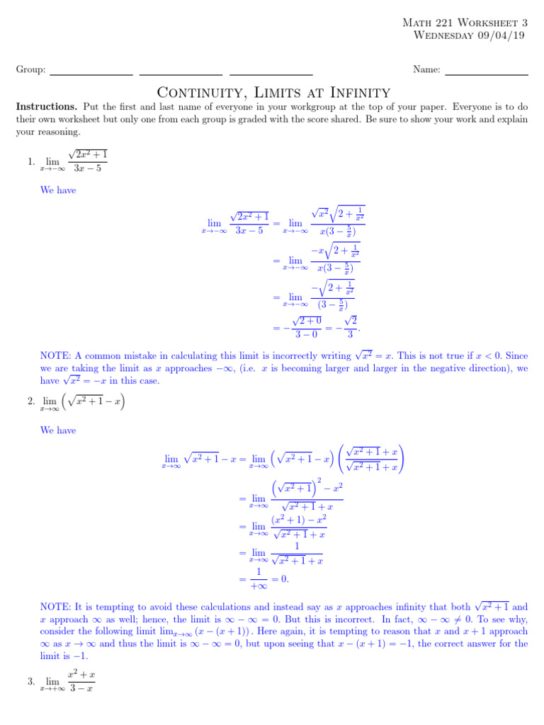 Continuity and Limits Worksheet | PDF
