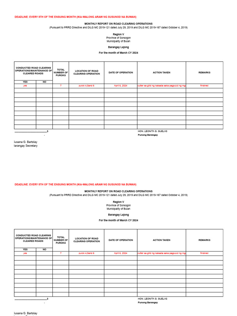 Monthly Road Clearing Report | PDF