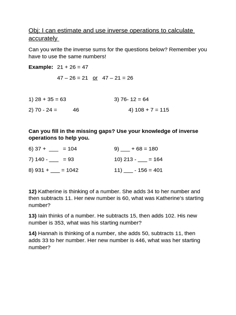 Year 4 Math Inverse-Operations | PDF | Teaching Methods & Materials