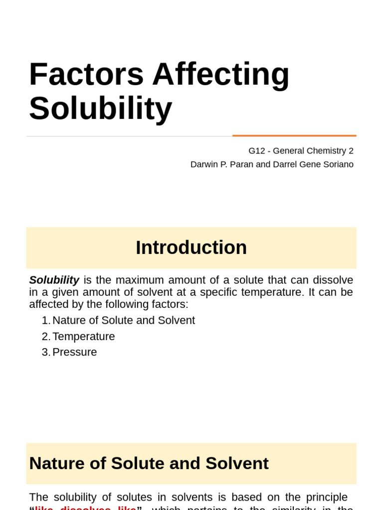Factors Affecting Solubility Autosaved | PDF | Solubility | Chemical ...
