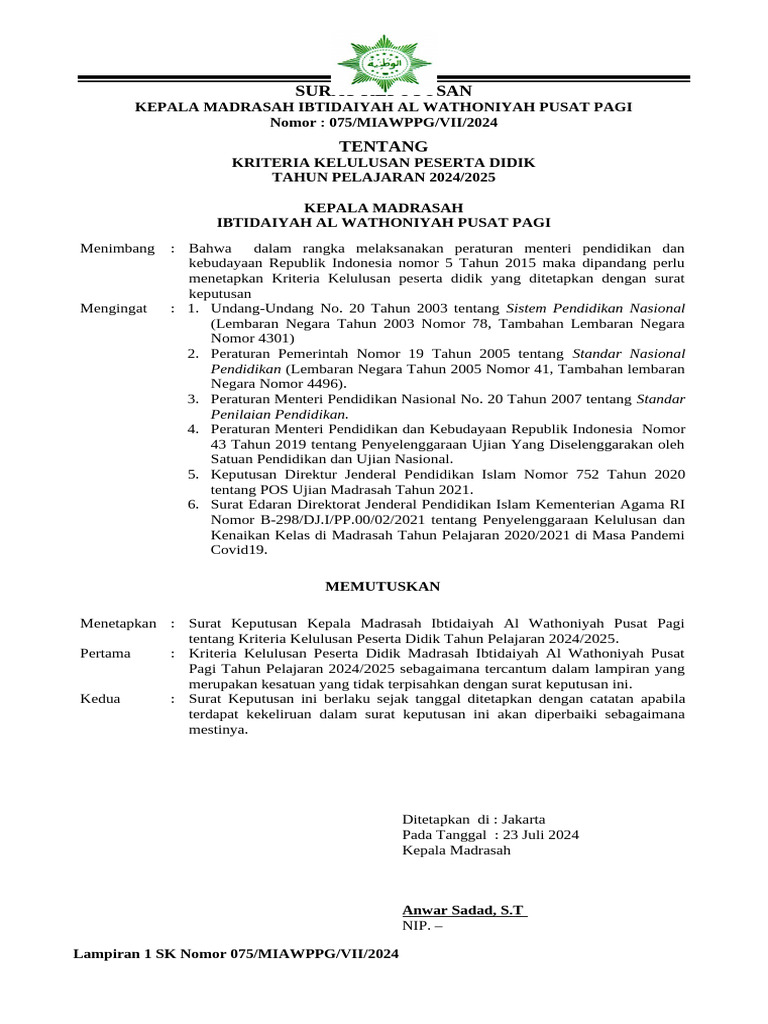 SK Kriteria Kelulusan Siswa Madrasah Tahun 2021 - Kami Madrasah | PDF