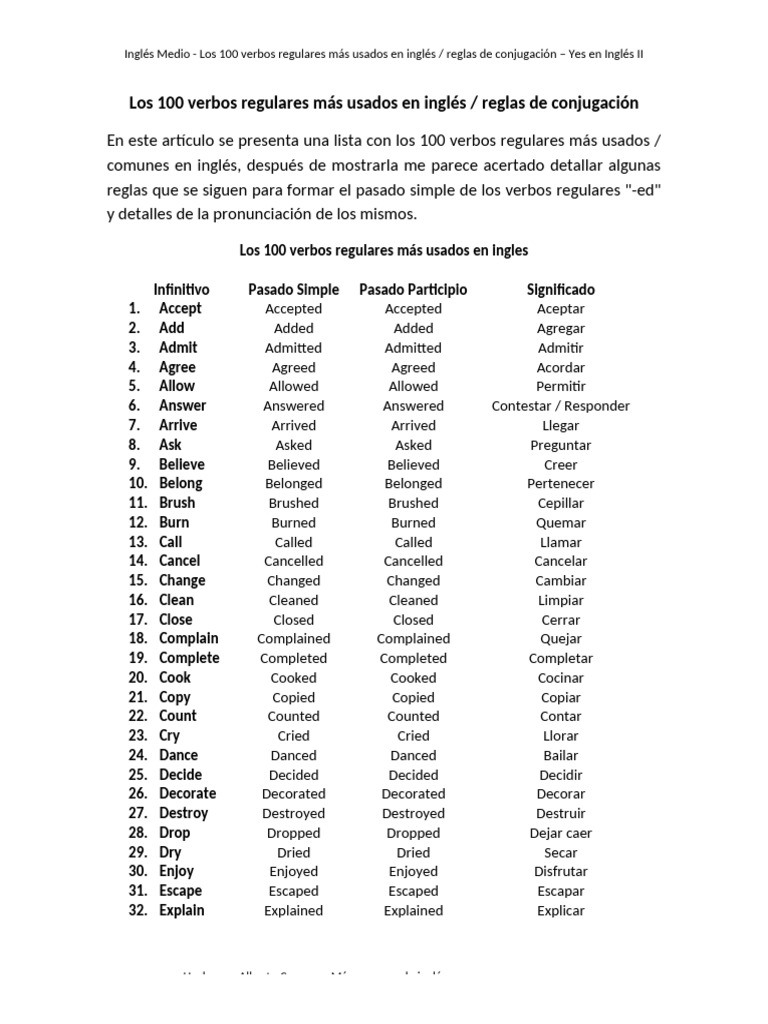 100 Verbos Regulares en Inglés y Conjugación | PDF | Verbo | Morfología ...