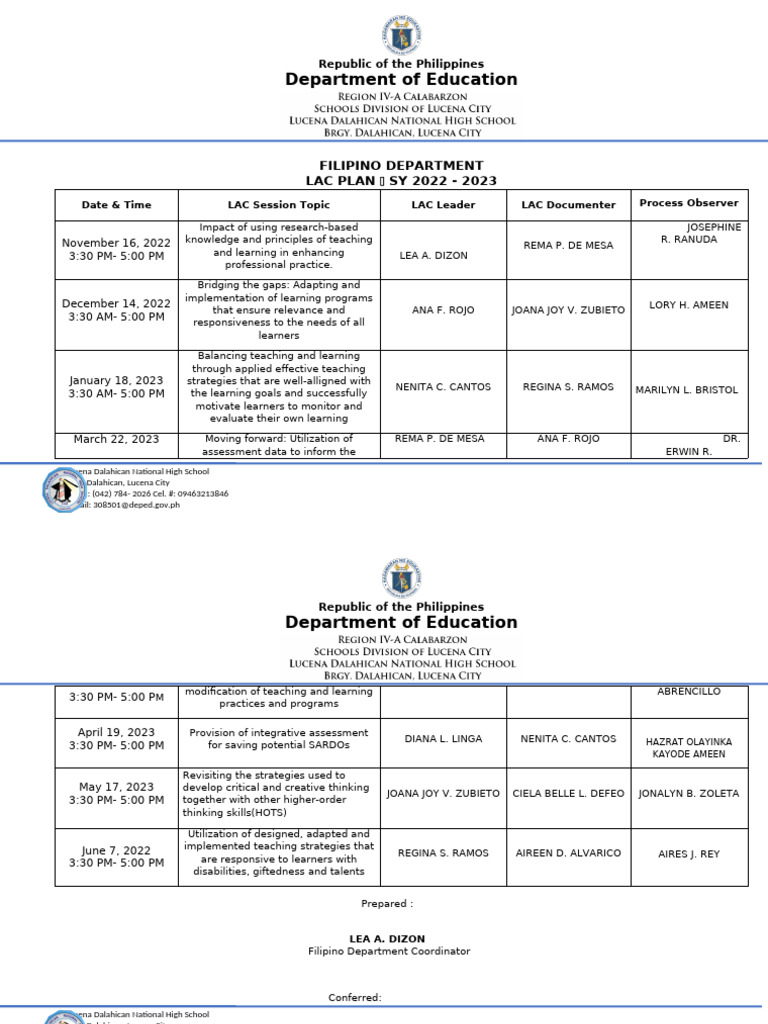 Filipino Dept. Lac Plan Sy2022 2023 | PDF | Cognitive Science | Education Theory