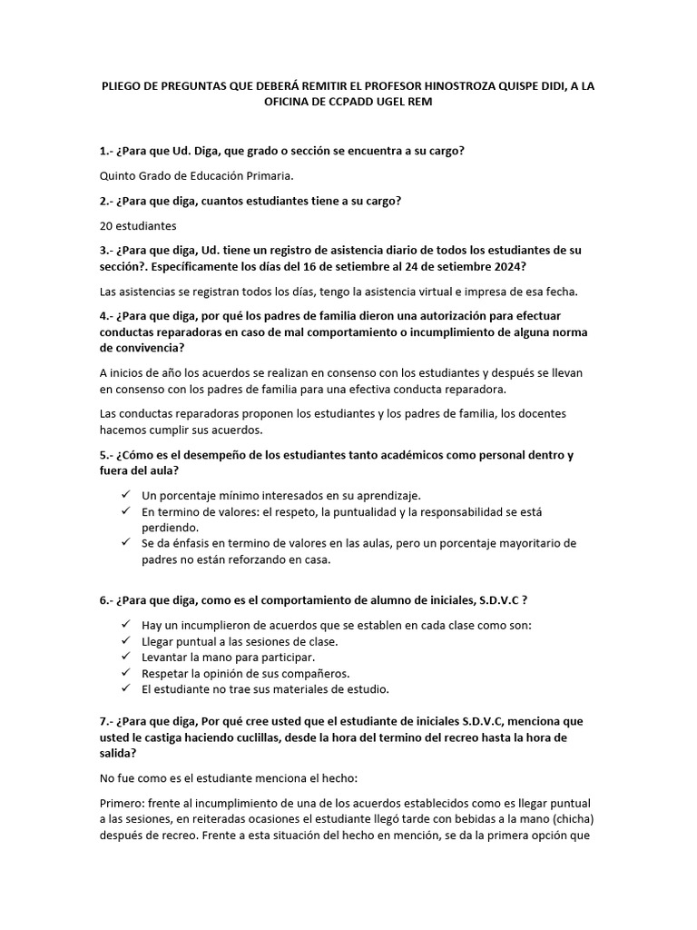 Pliego de Preguntas Que Deberá Remitir El Profesor Hinostroza Quispe ...