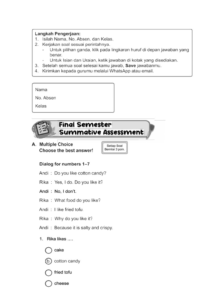 TRP SD Bahasa Inggris 3 Final Semester Summative Assessment | PDF ...