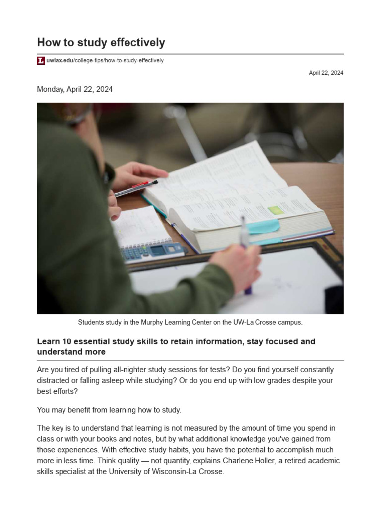 How To Study Effectively - College Tips - UW-La Crosse | PDF | Learning | Flashcard