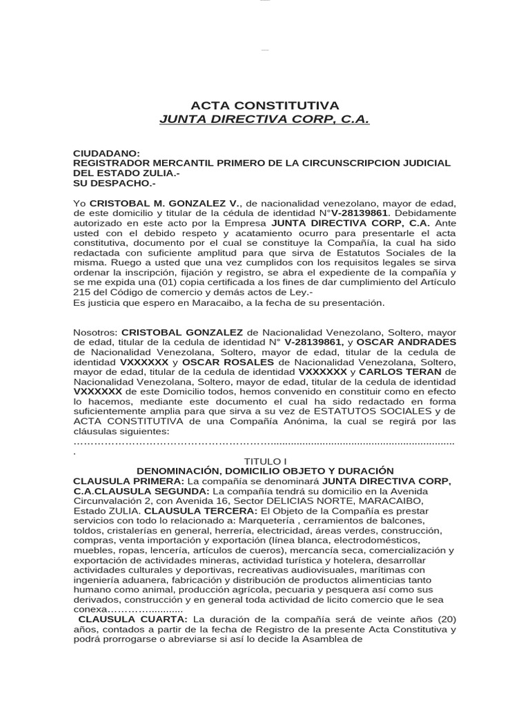 Modelo de Acta Constitutiva de Una Compania Anonima | PDF | Documento de identidad | Compartir ...