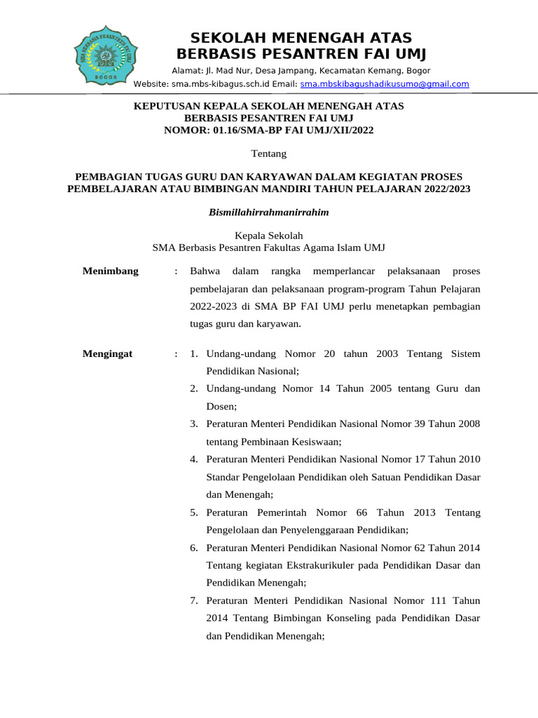 SK Pembagian Tugas Guru SMA 2022 - 2023 Genap | PDF