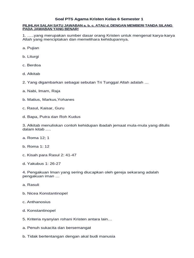 Soal PTS Agama Kristen Kelas 6 Semester 1 Dan | PDF | Ilmu Sosial | Agama & Spiritualitas