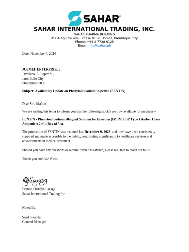 Letter of Stocks Availability | PDF