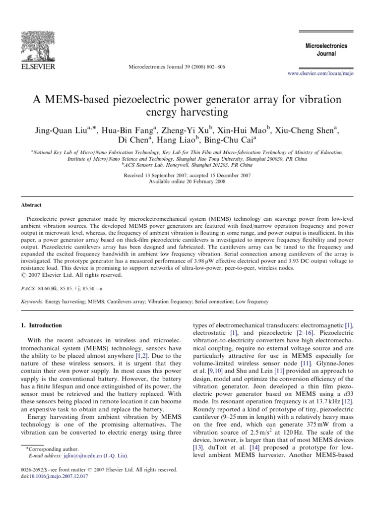 A MEMS Based Piezoelectric Power Generator Array For Vibration Energy ...