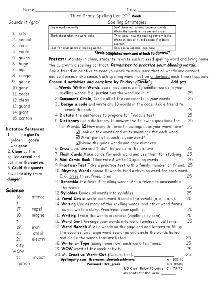 Week 20 Spelling List for 3rd Grade | PDF | Phonology | Writing