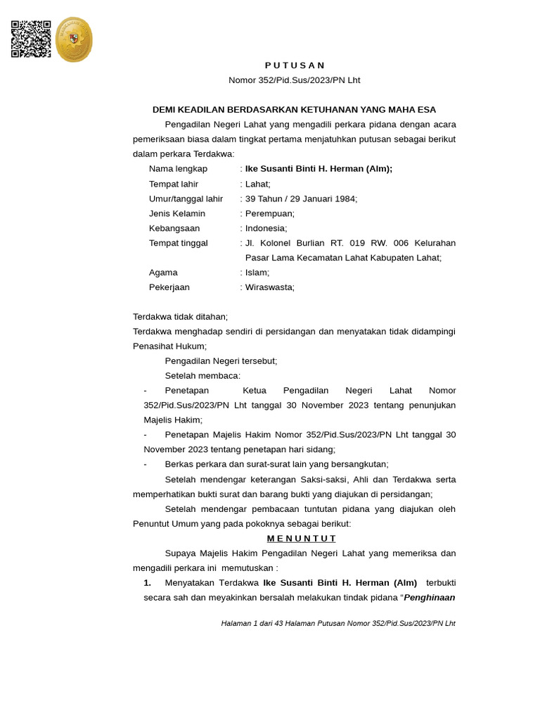 Putusan 352 Pid - Sus 2023 PN LHT 20241103195443 | PDF