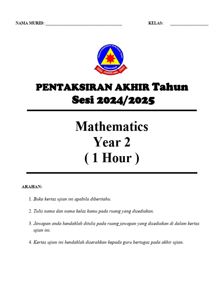 Pentaksiran Akhir Tahun Mathematics Year 2 | PDF | Division ...