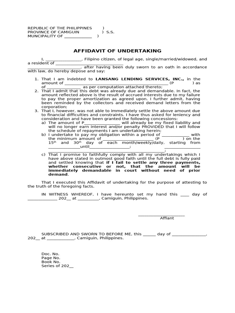 Affidavit of Undertaking for Debt Repayment | PDF | Affidavit | Personal Finance