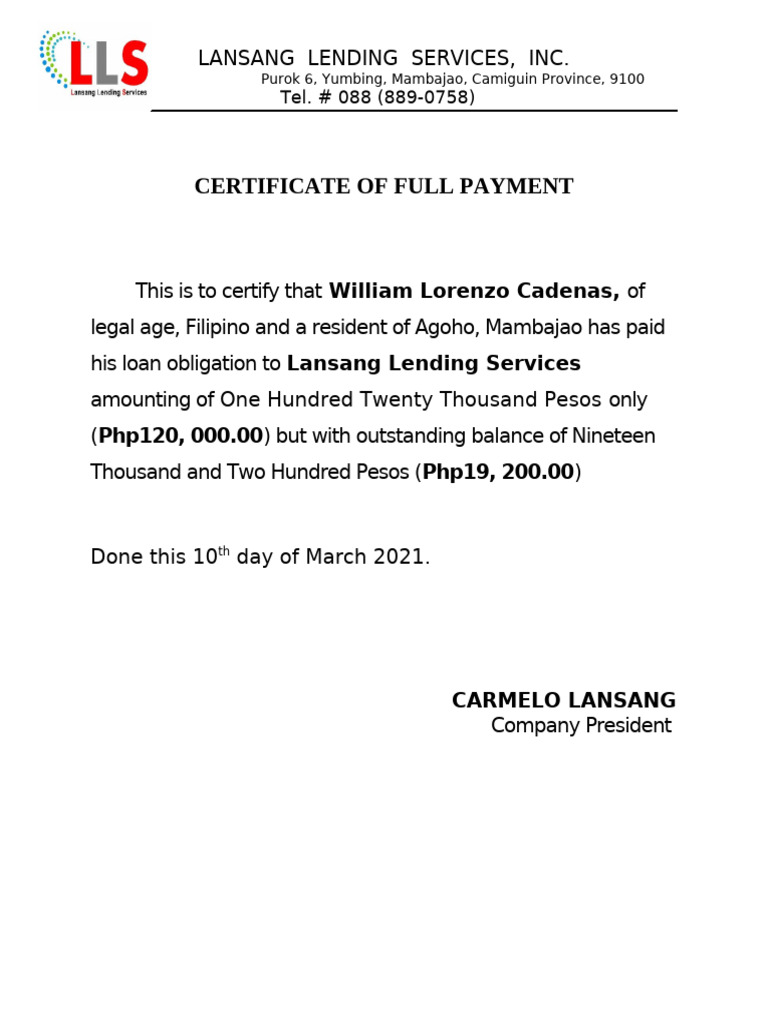 Certificate of Payment With Balance | PDF