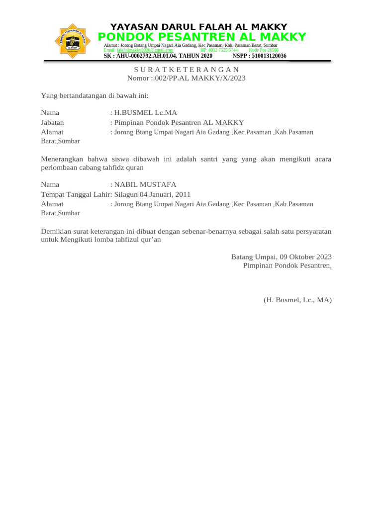 Surat Keterangan Santri | PDF