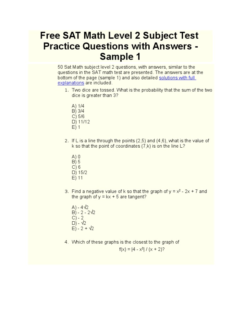 Free SAT Math Level 2 Subject Test | PDF | Fraction (Mathematics ...