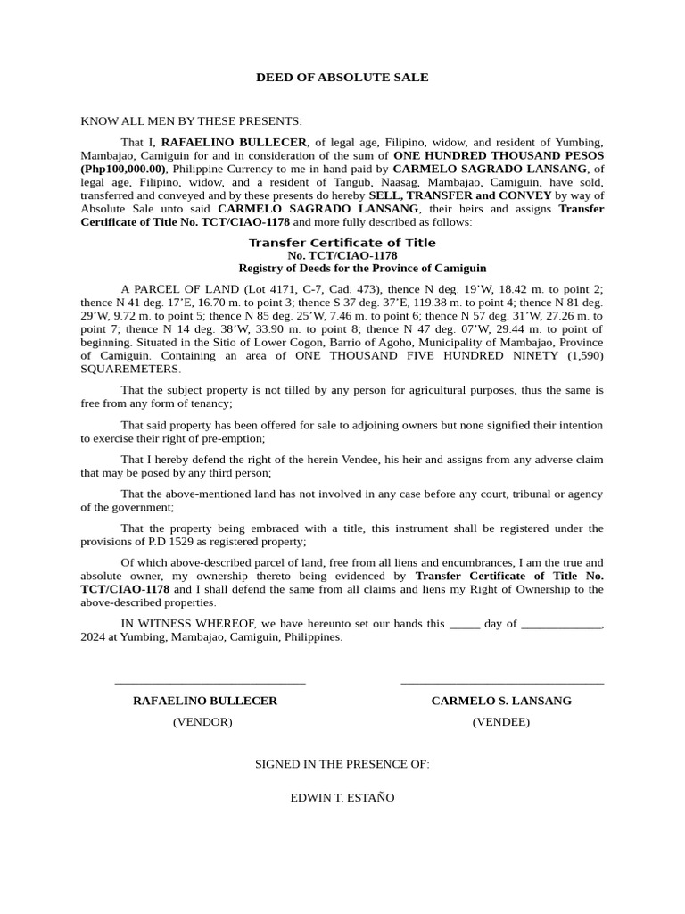 Deed of Absolute Sale - Bullecer, Rafael | PDF | Environmental Law ...