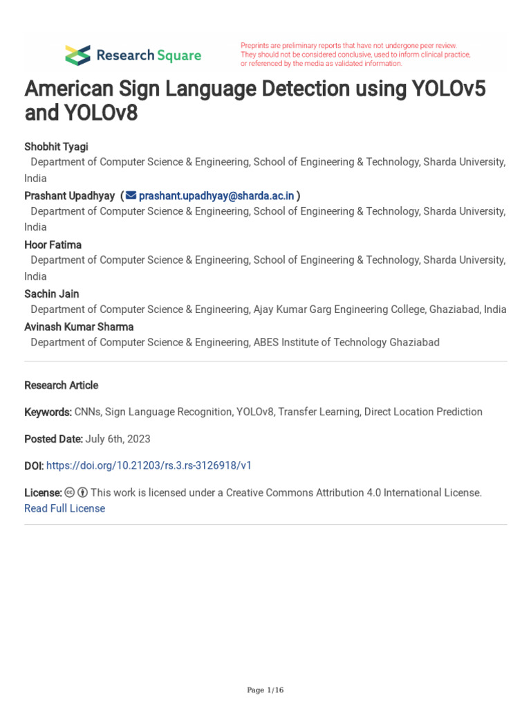 American Sign Language Detection Using YOLOv5 and | PDF | Sign Language | Hearing Loss