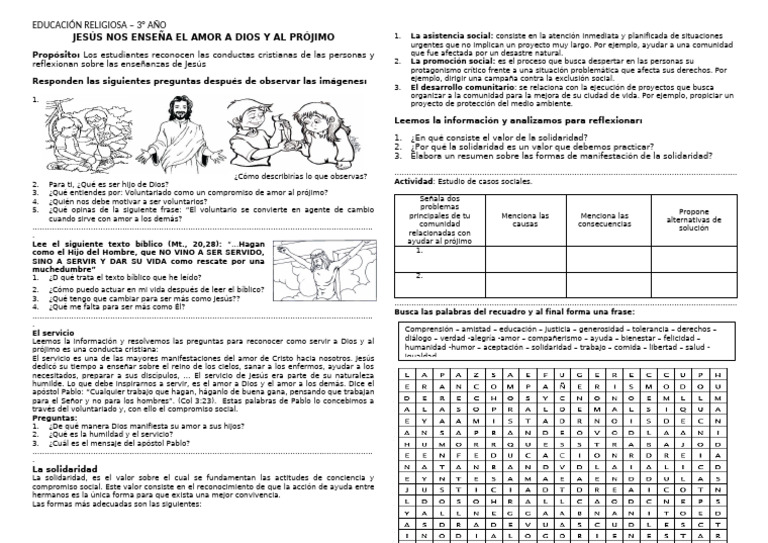 JESÚS NOS ENSEÑA EL AMOR A DIOS Y AL PROJIMO - 3° Año | PDF | Amor ...