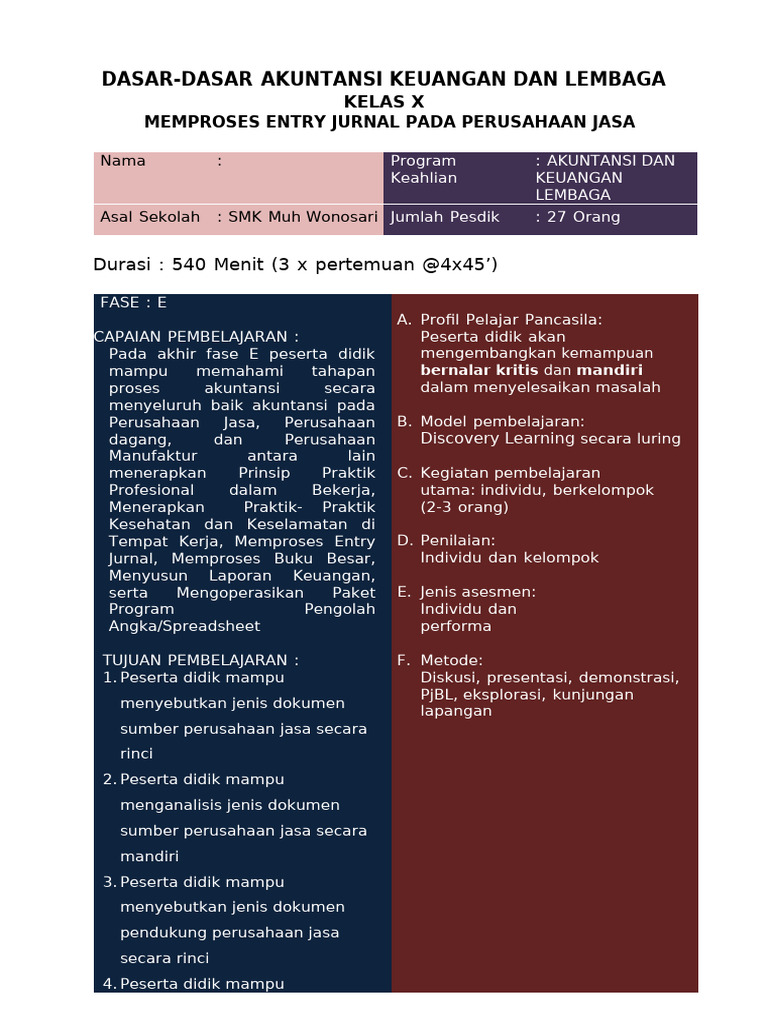 Modul Ajar Entry Jurnal Perusahaan Jasa | PDF