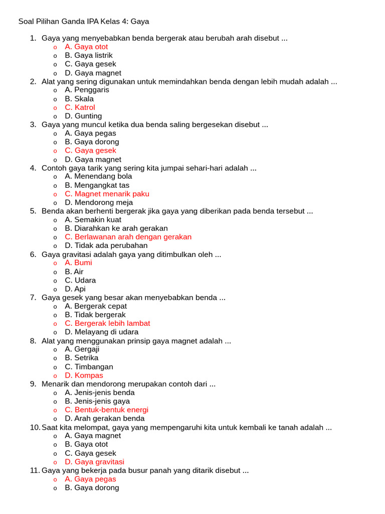 Soal Pilihan Ganda IPA Kelas 4-Gaya | PDF | Perjalanan