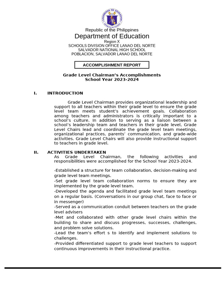 Grade Level Chairman's 2023-2024 Report | PDF