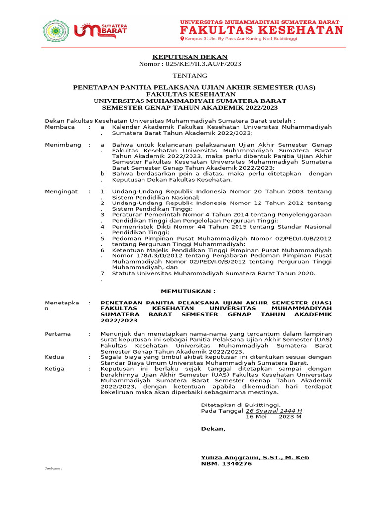 SK Panitia UAS Genap 2022-2023 | PDF