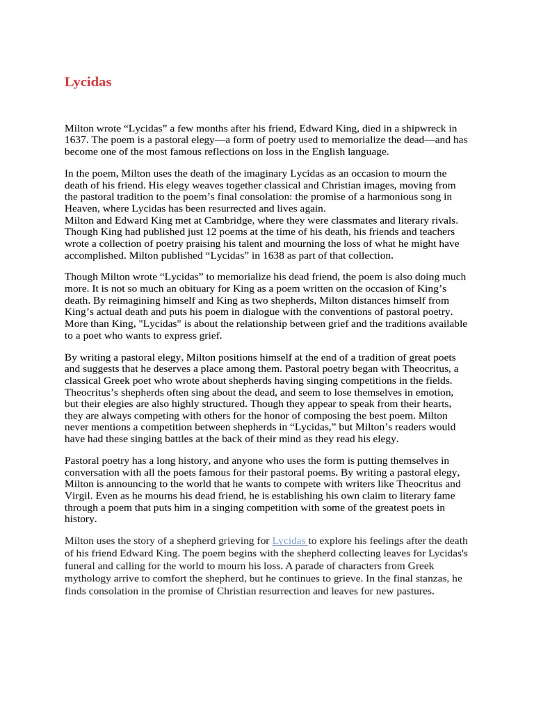 Lycidas Notes | PDF | Poetry