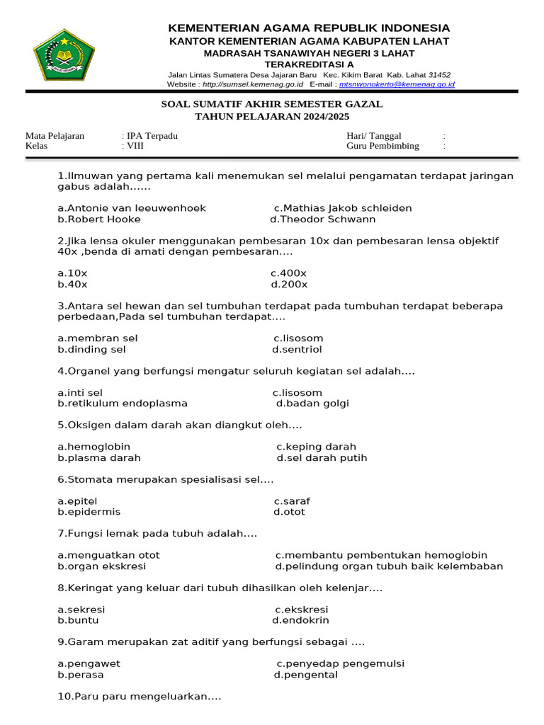 Soal Ipa Terpadu Kelas Viii (Bu Ranti) | PDF