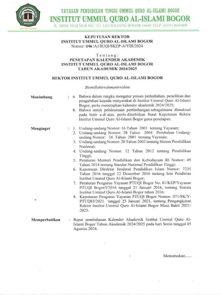 056-Penetapan Kalender Akademik IUQI Bogor Tahun Akademik 24-25 Cap | PDF