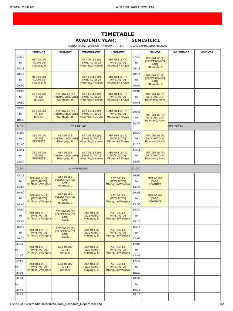 L6ae Timetable | PDF