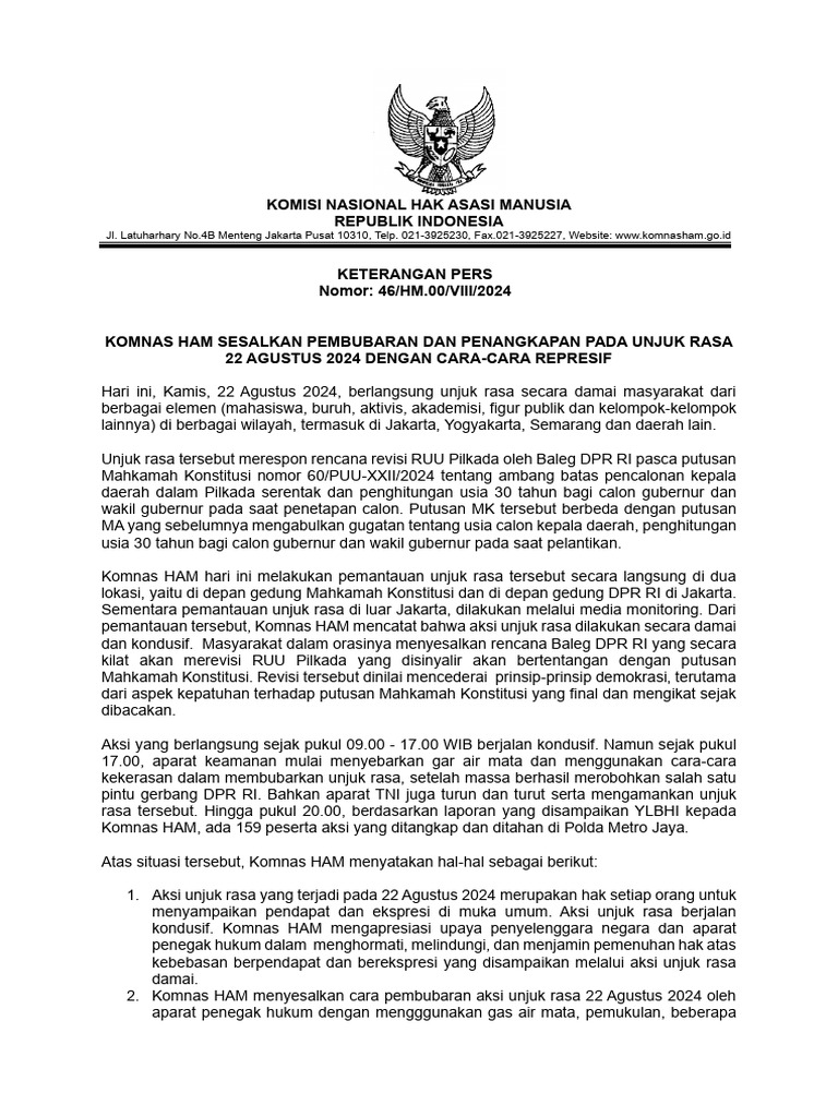 Siaran Pers Demo 22 Agustus 2024 | PDF | Ilmu Sosial