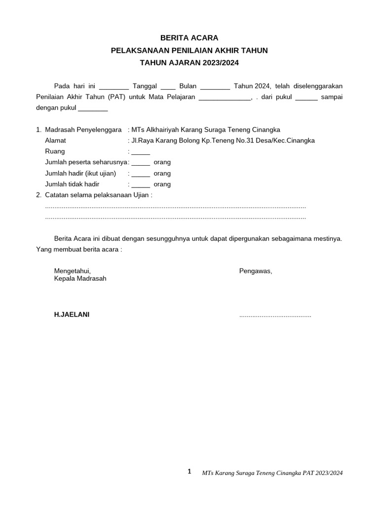 Berita Acara PAT 2023-2024 | PDF