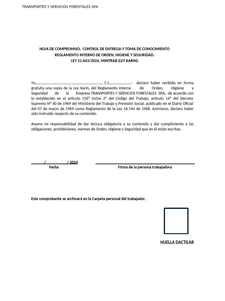 Hoja de Compromiso Ley Karin 2024 | PDF