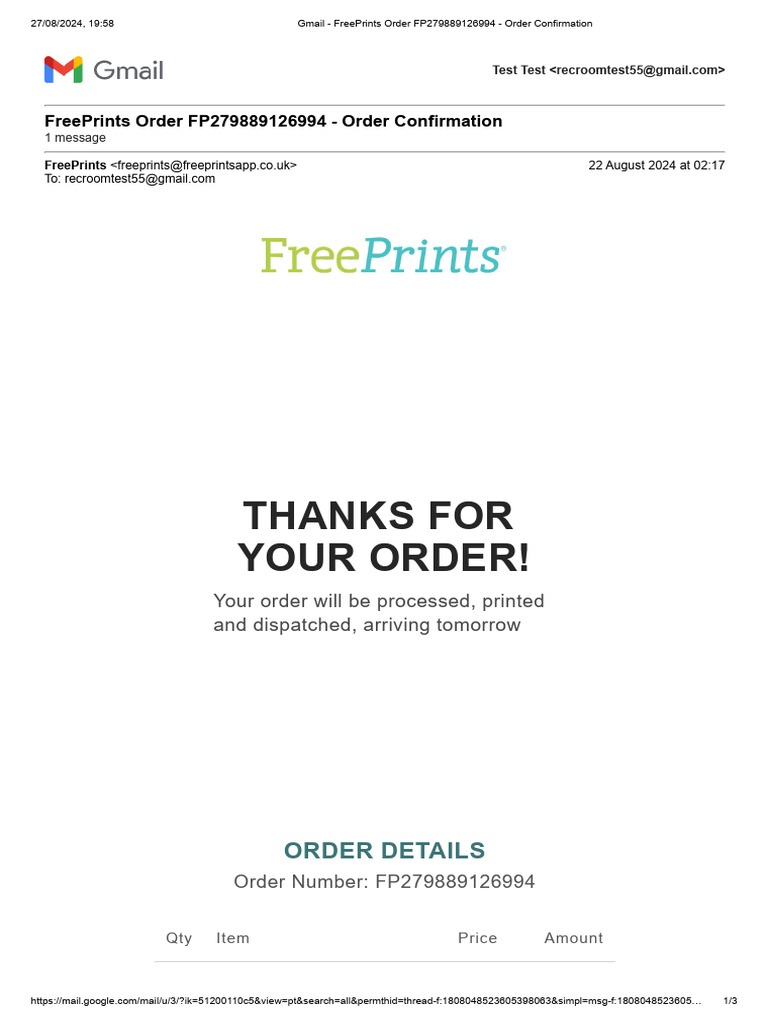 Gmail - FreePrints Order FP279889126994 - Order Confirmation | PDF