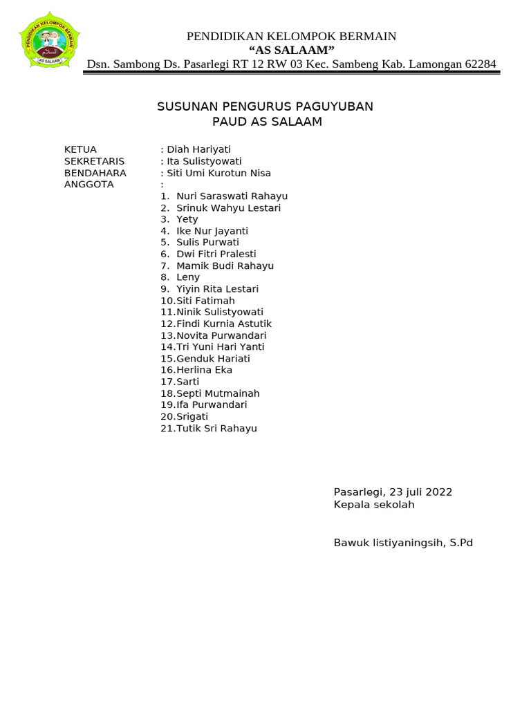 Susunan Pengurus Paguyuban | PDF