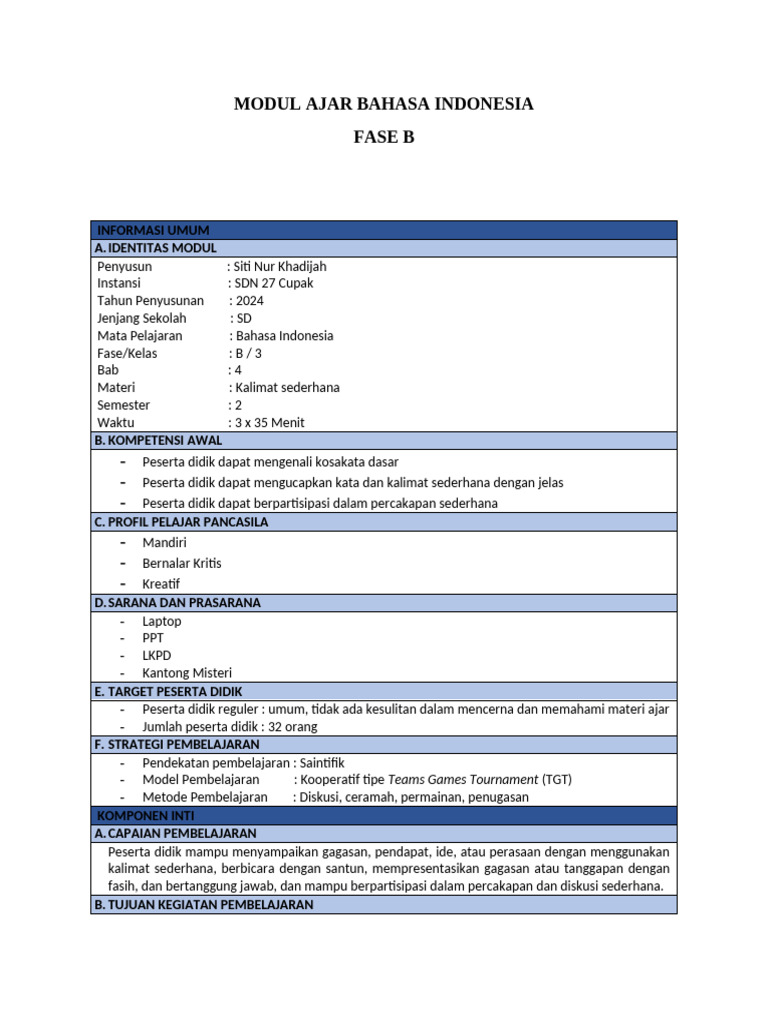 Modul Bahasa Indonesia Kelas 3 | PDF | Karier & Perkembangan ...