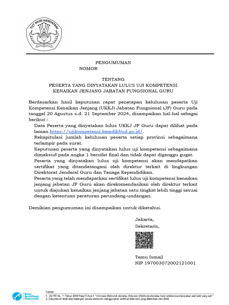 Pengumuman Kelulusan Peserta Lulus Uji Kompetensi Kenaikan Jenjang Jabatan Fungsional Guru ...