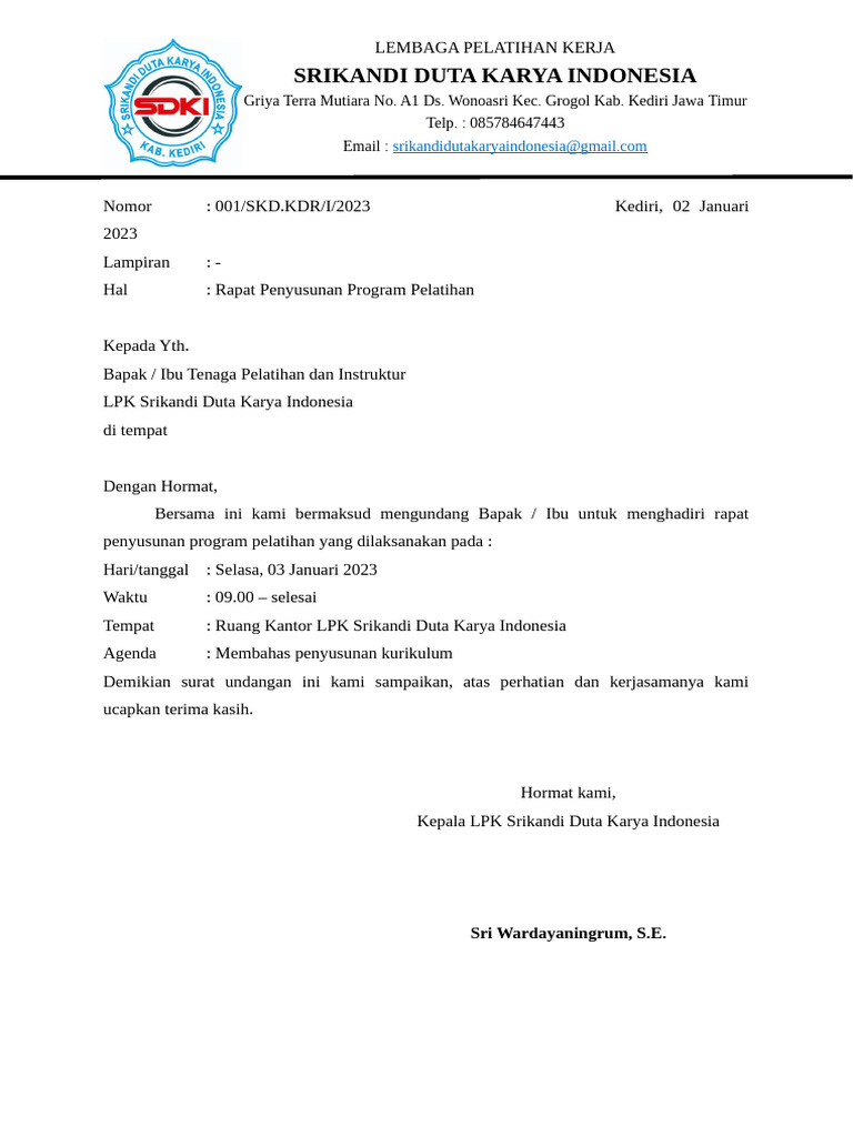 1.1.b Undangan Rapat Penyusunan Program Pelatihan | PDF