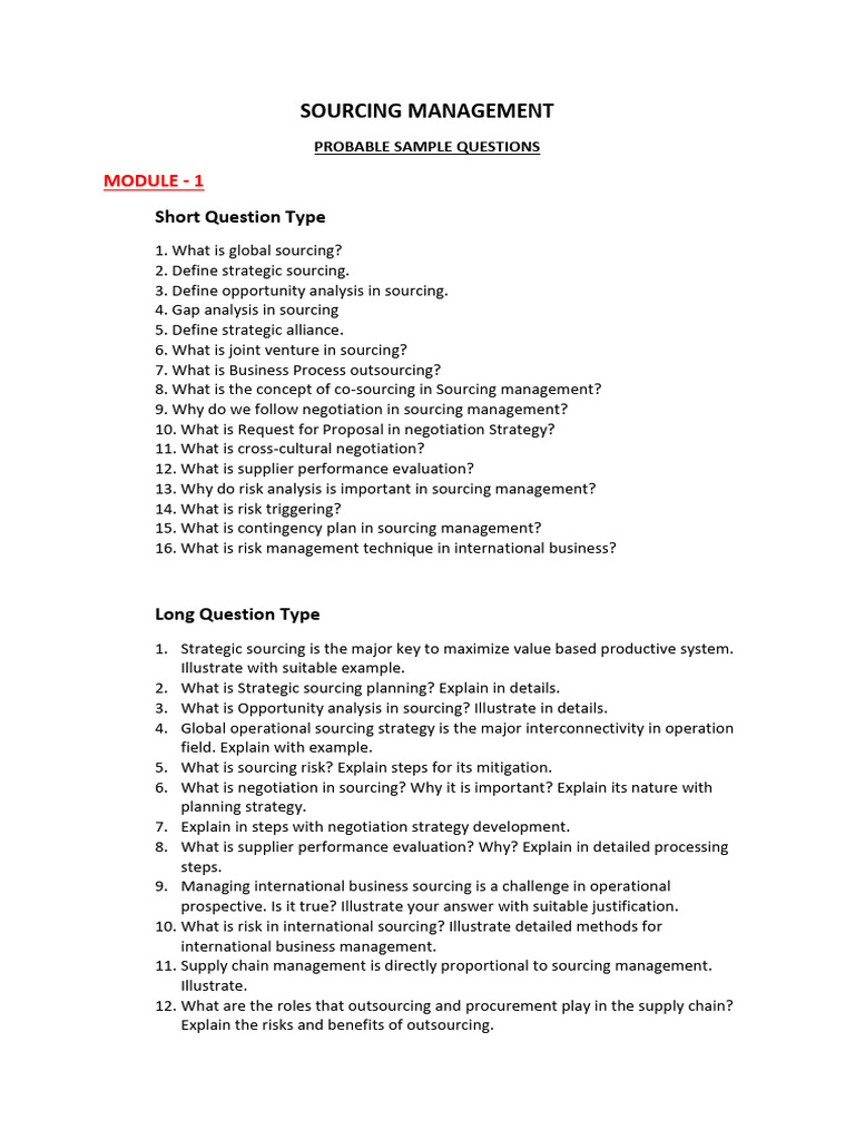 Sample Questions - SOURCING MANAGEMENT-1 | PDF | Risk | Risk Management