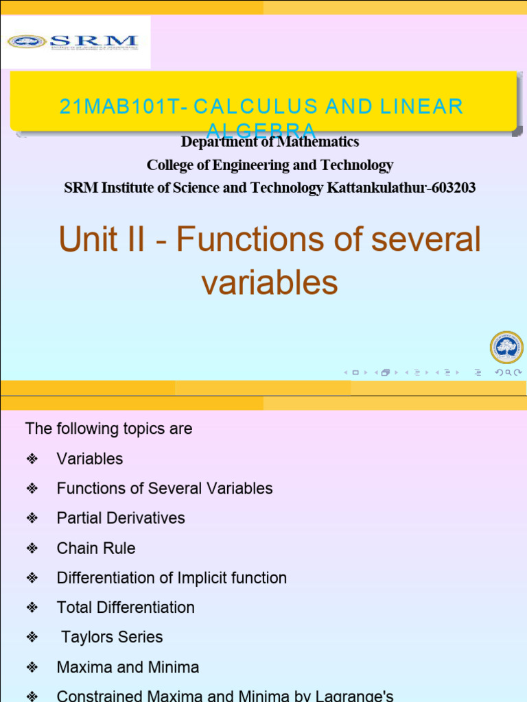 Unit II - Functions of Several Variables: 21Mab101T-Calculus and Linear Algebra | PDF ...