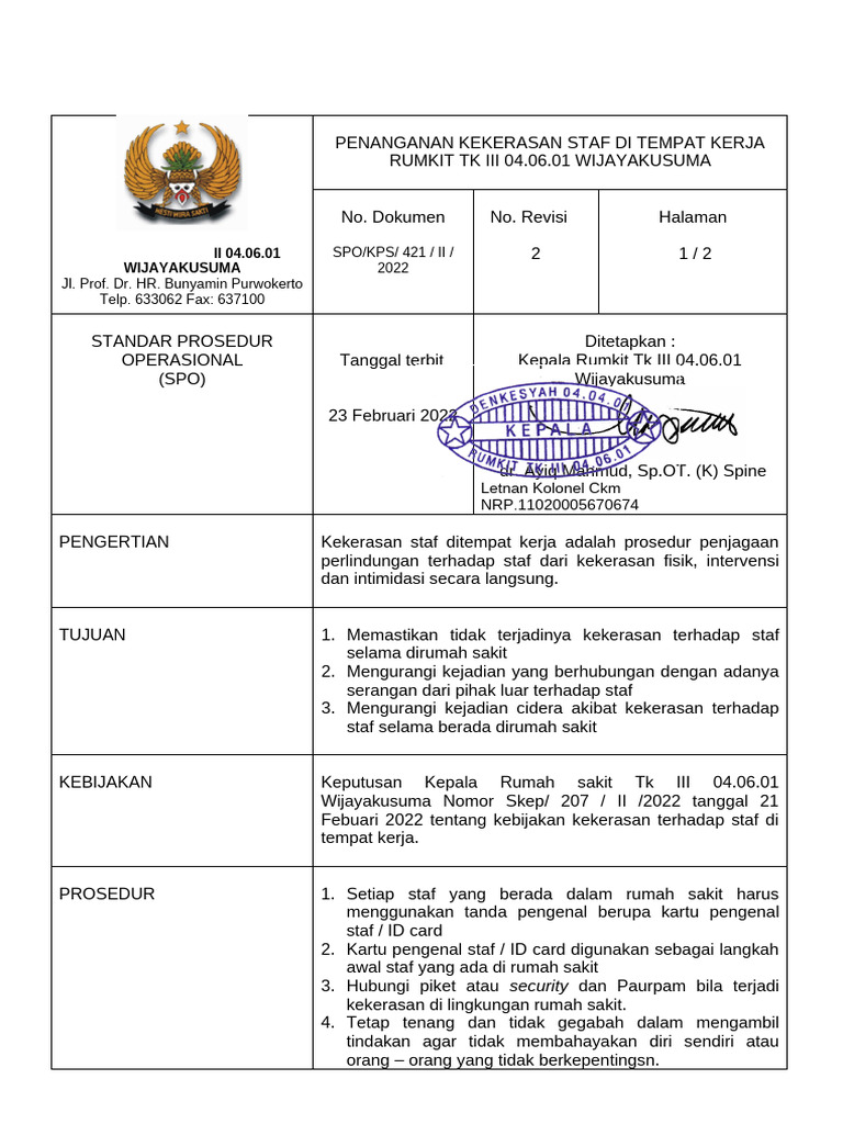 Penanganan Kekerasan Staf Di Tempat Kerja Rumkit | PDF