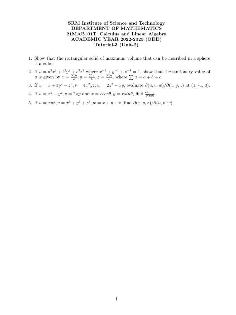 Unit 2 Functions of Several Variables Tutorial 3 | PDF | Teaching Methods & Materials